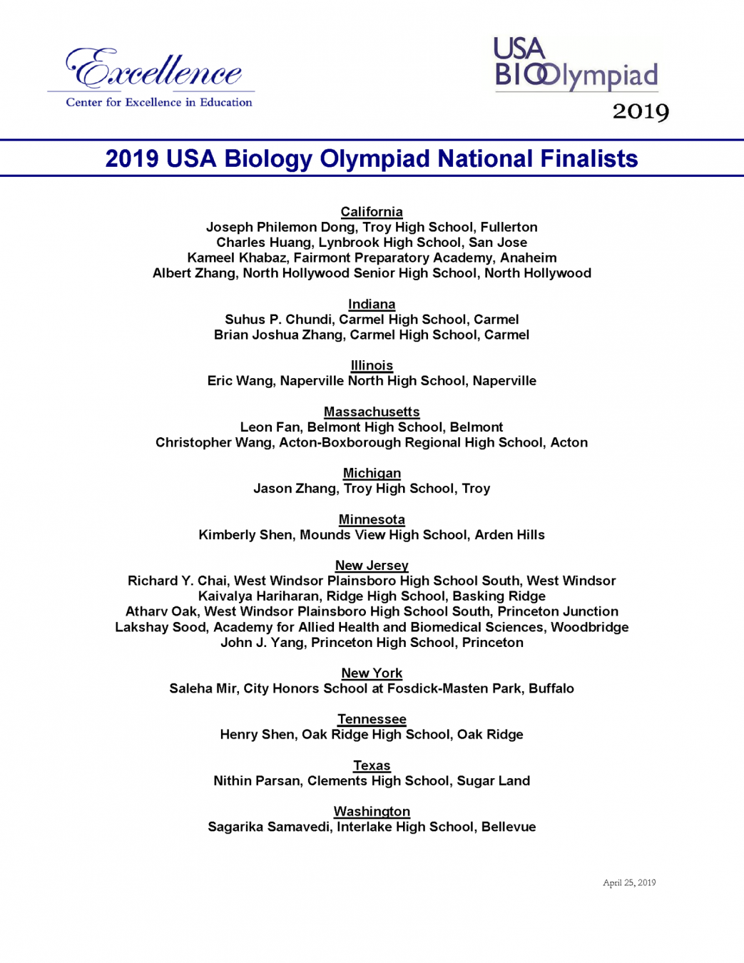 2019 USABO National Finalists | Biolympiads